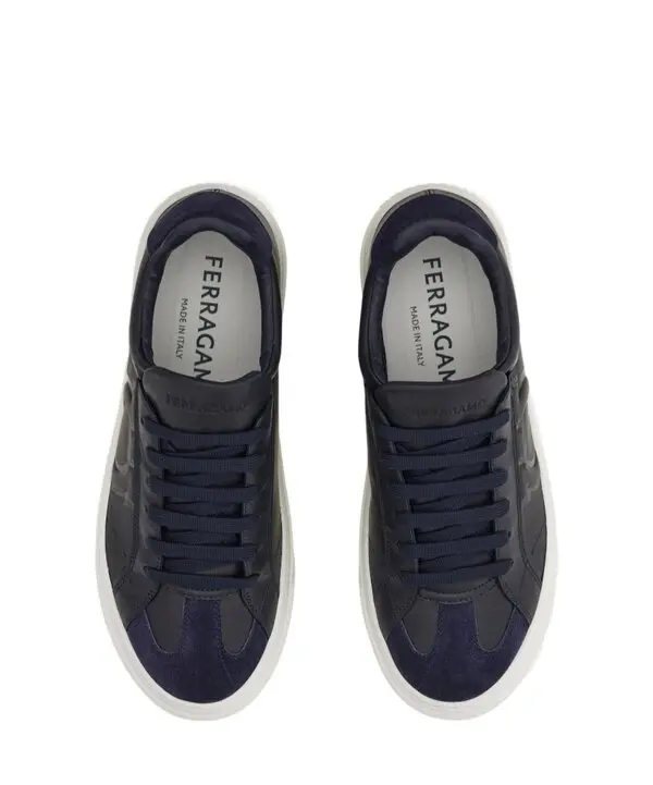 FERRAGAMO Gancini Embossed Round Toe Lace-up Sneakers - Navy Blue