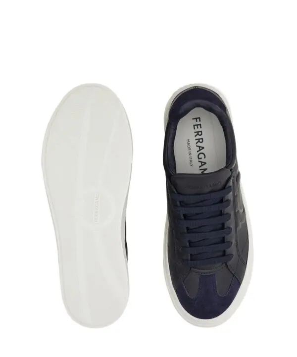 FERRAGAMO Gancini Embossed Round Toe Lace-up Sneakers - Navy Blue