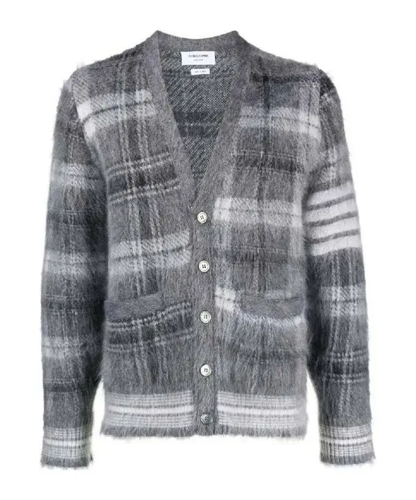 Thom Browne Textured Tartan V-neck Cardigan - Gray