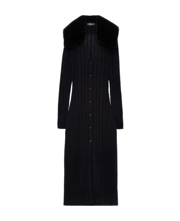 Blumarine Knitted Faux Fur Collared Midi Dress