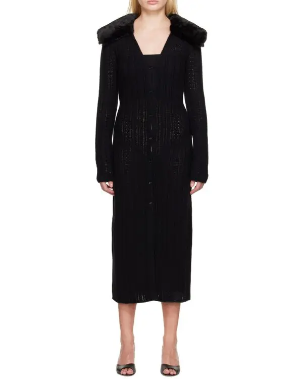 Blumarine Knitted Faux Fur Collared Midi Dress
