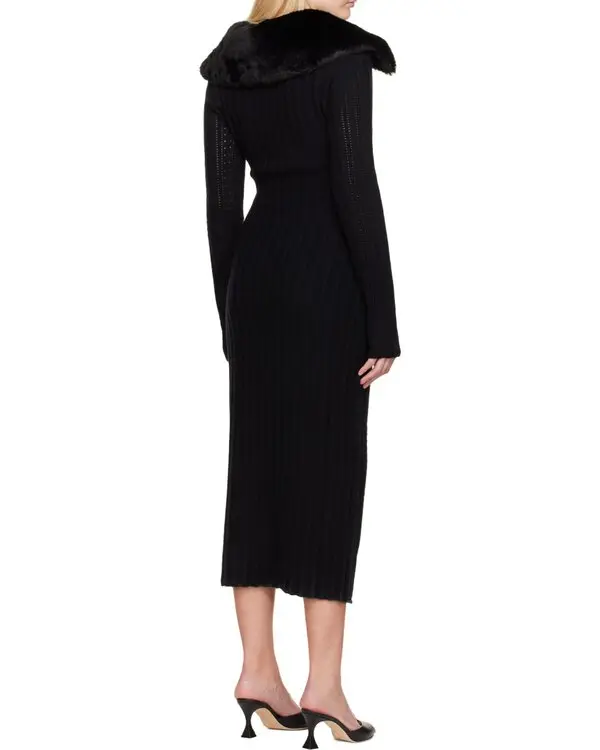 Blumarine Knitted Faux Fur Collared Midi Dress