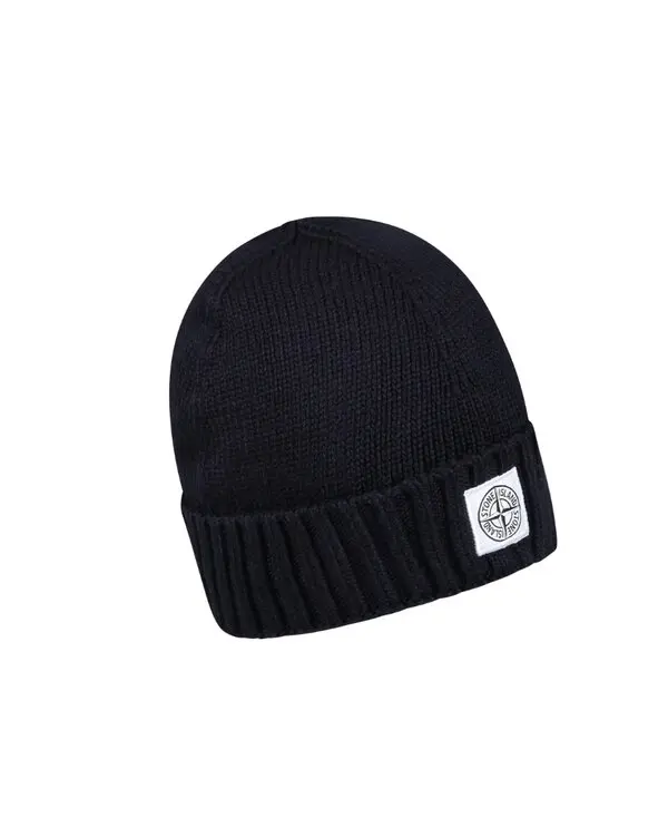 Stone Island Logo Patch Ribbed Knit Beanie - Black