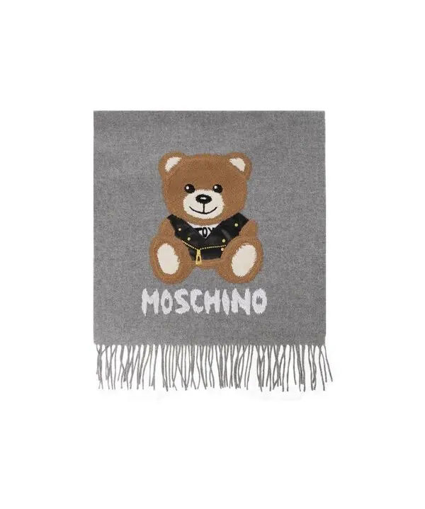 Moschino Brushed-logo Fringed Merino Scarf - Gray