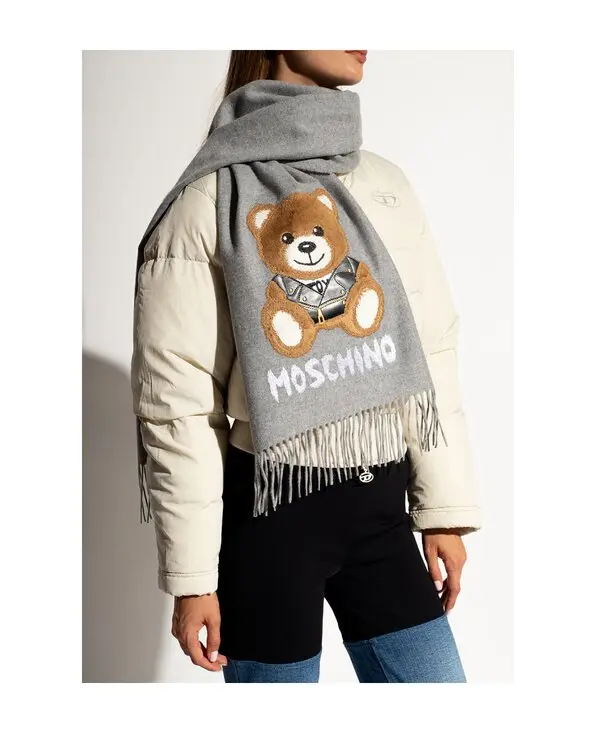 Moschino Brushed-logo Fringed Merino Scarf - Gray