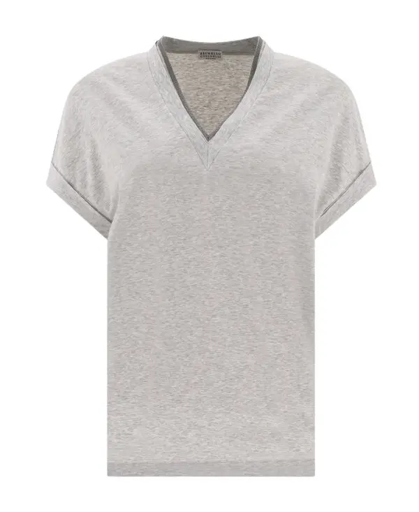 Brunello Cucinelli Embellished V-neck T-shirt - Gray