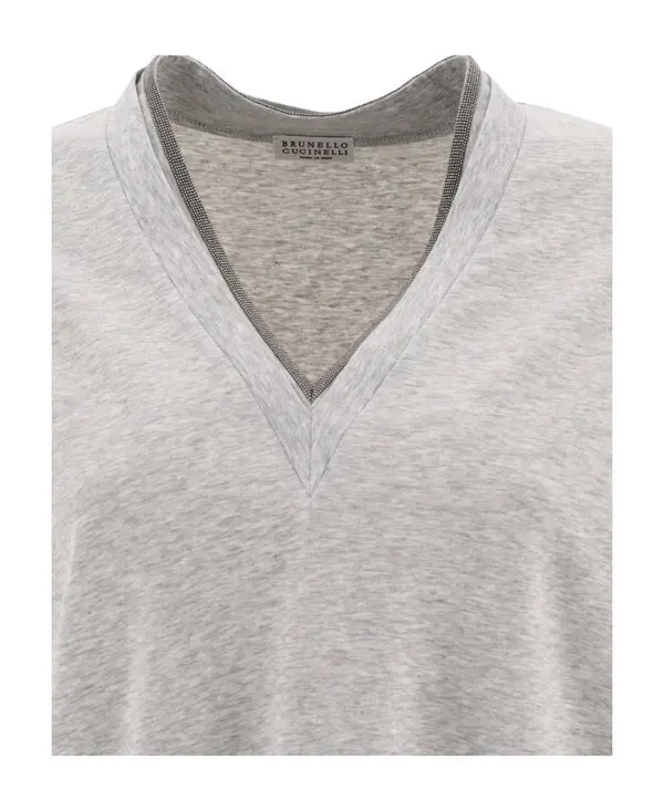 Brunello Cucinelli Embellished V-neck T-shirt - Gray