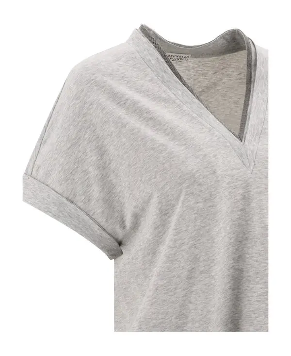 Brunello Cucinelli Embellished V-neck T-shirt - Gray
