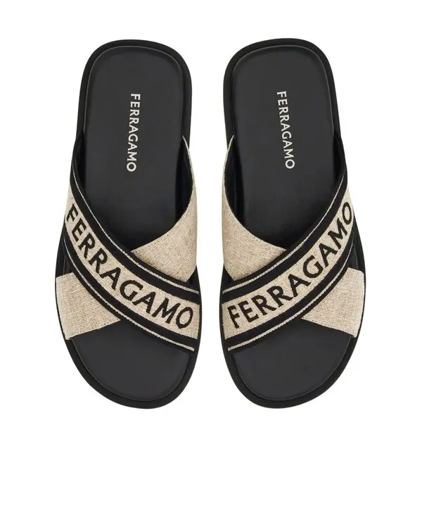 FERRAGAMO Cross-strap Slippers With Logo Detailing - Beige/black
