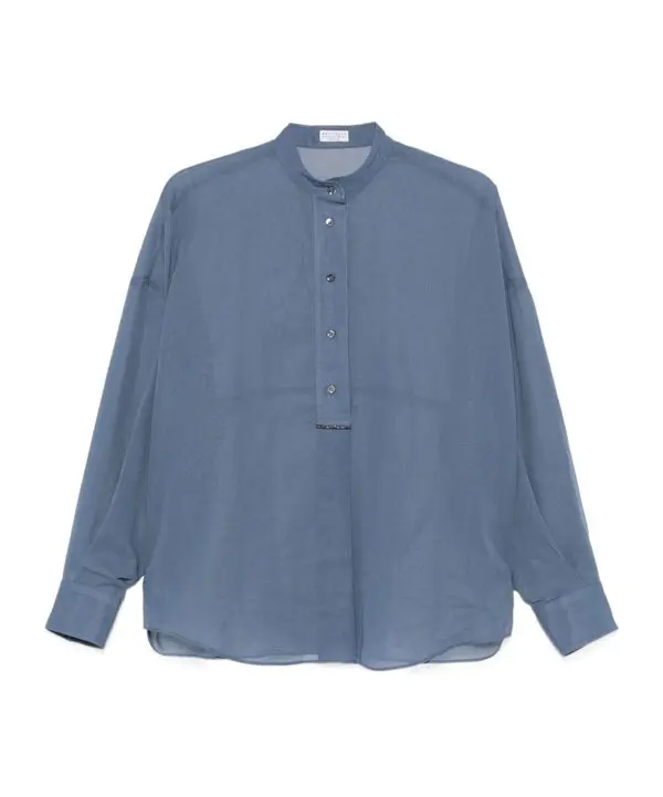 Brunello Cucinelli Cotton Mandarin Collar Shirt - Steel Blue
