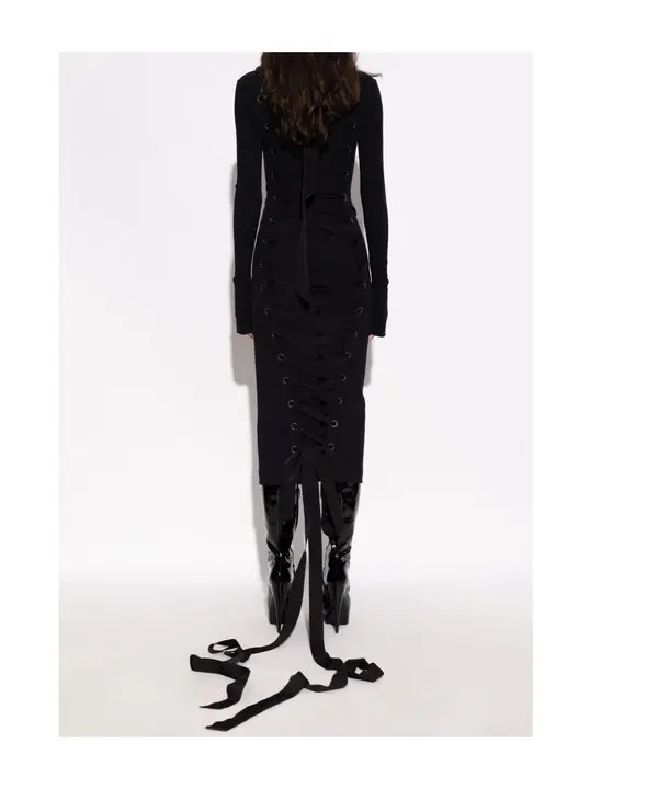 Balenciaga High Neck Long Sleeve Midi Dress With Back Ties