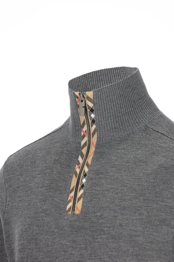 Burberry Check Trim Half-zip Jumper - Grey