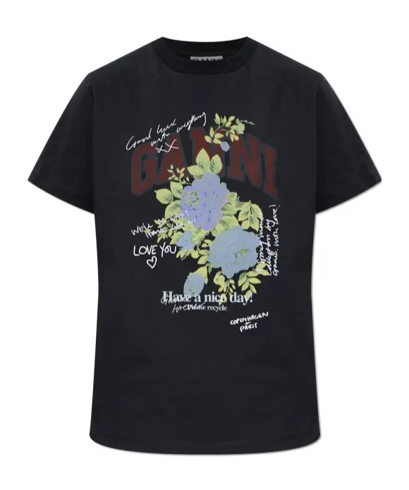 GANNI Short Sleeve Floral Print T-shirt - Phantom Black