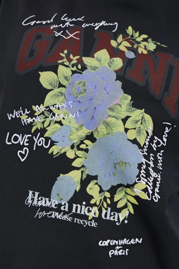 GANNI Short Sleeve Floral Print T-shirt - Phantom Black