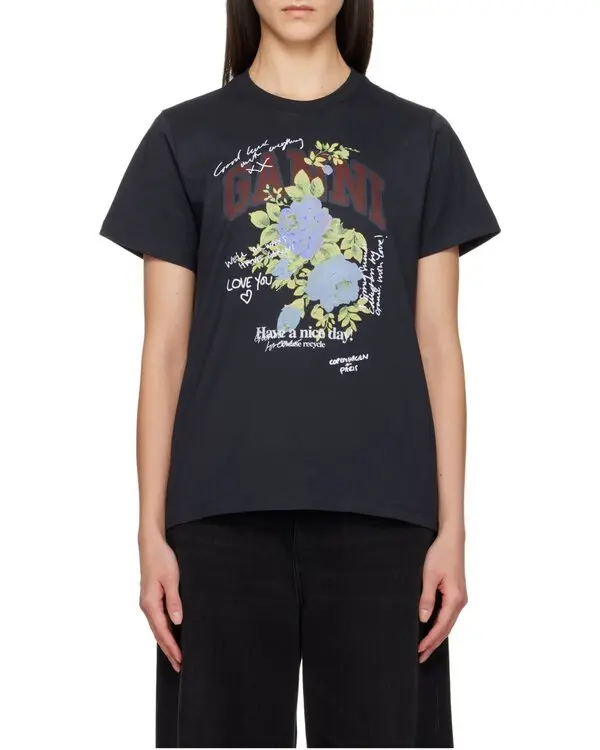 GANNI Short Sleeve Floral Print T-shirt - Phantom Black