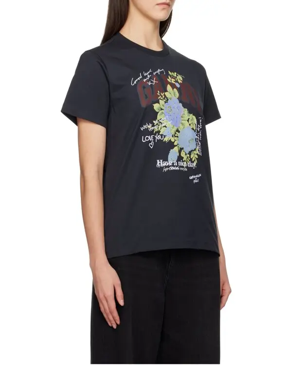 GANNI Short Sleeve Floral Print T-shirt - Phantom Black