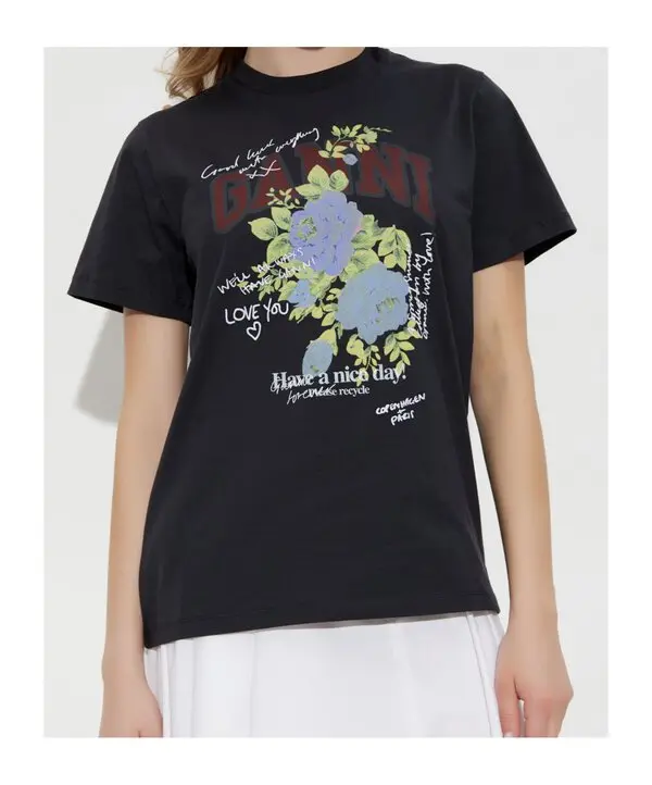 GANNI Short Sleeve Floral Print T-shirt - Phantom Black