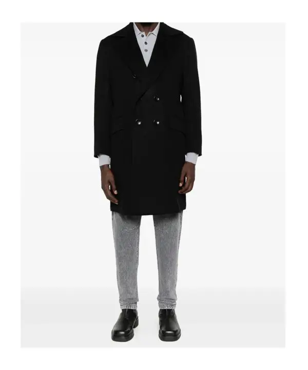 Kiton Double-breasted Long Sleeve Coat With Peak Lapels - Black