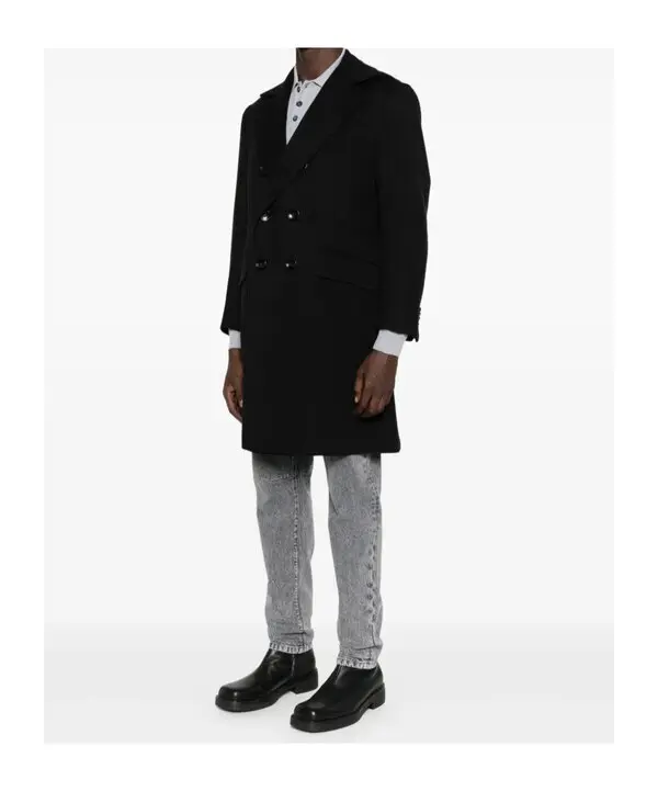 Kiton Double-breasted Long Sleeve Coat With Peak Lapels - Black