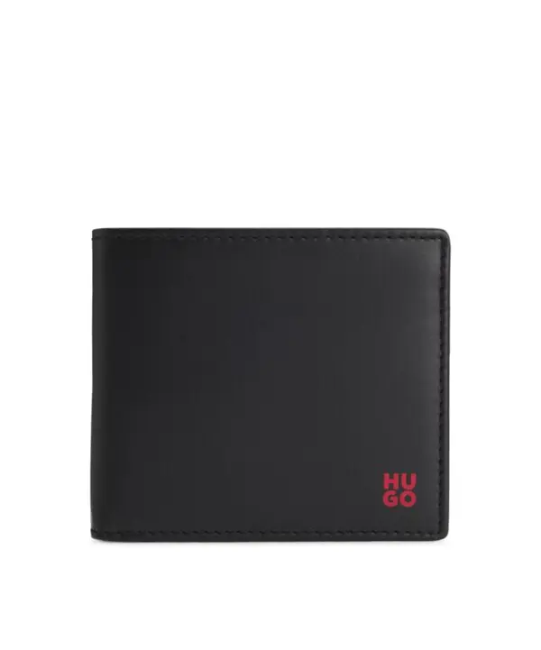 Hugo Boss Leather Wallet With Red Stacked Logo And Coin Pocket - Black