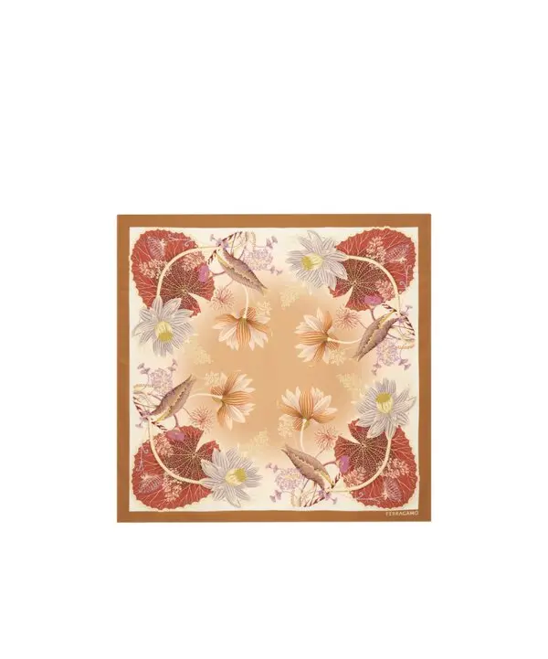 FERRAGAMO Water Lilies Print Silk Scarf - Camel