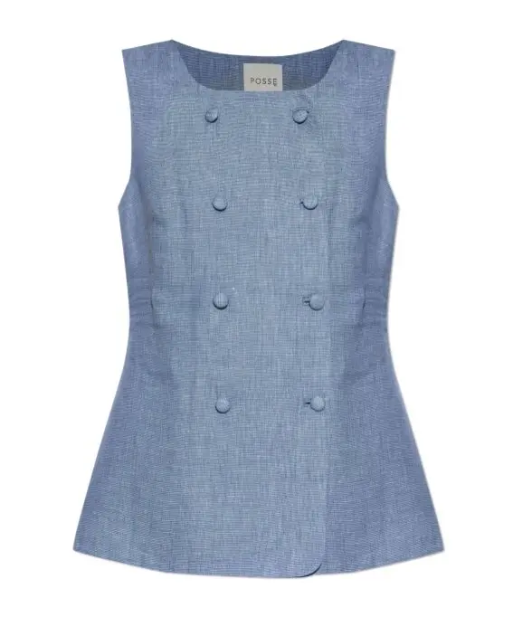 Posse Double-breasted Sleeveless Waistcoat With Flared Hem - Blue