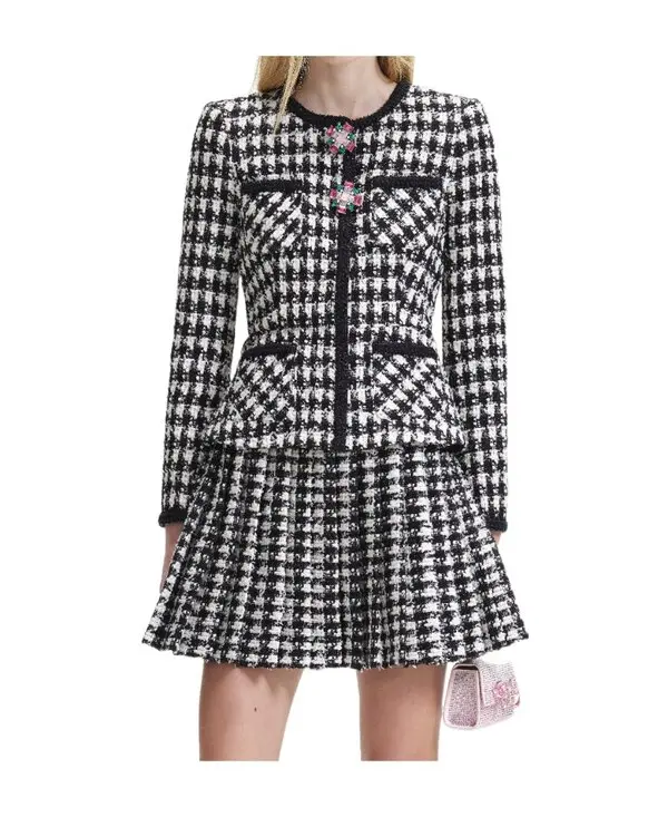 SELF-PORTRAIT Checked Mini Jacket Dress With Braided Trim And Brooches