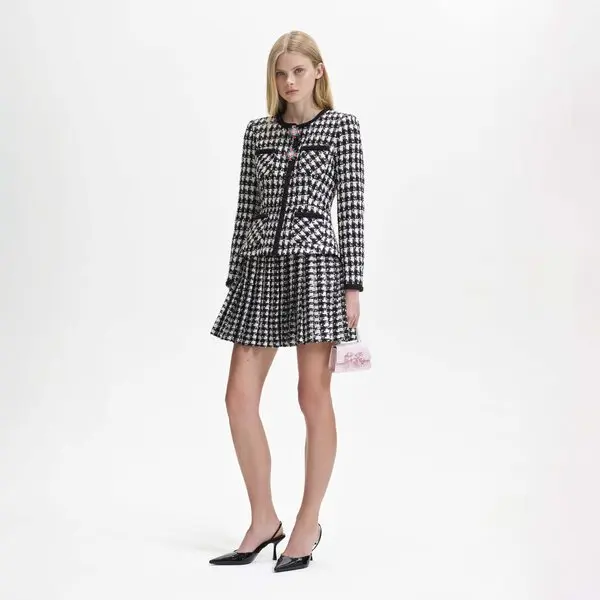 SELF-PORTRAIT Checked Mini Jacket Dress With Braided Trim And Brooches