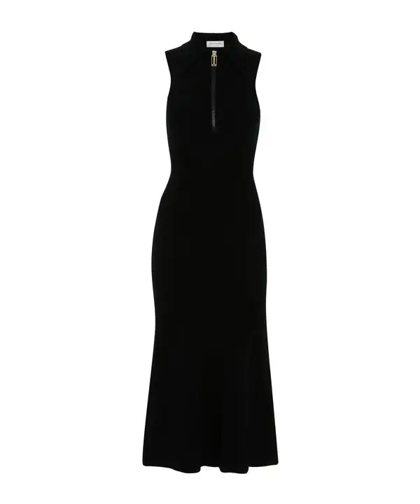 Victoria Beckham Sleeveless Ribbed Knit Collared Zipper Dress - Black