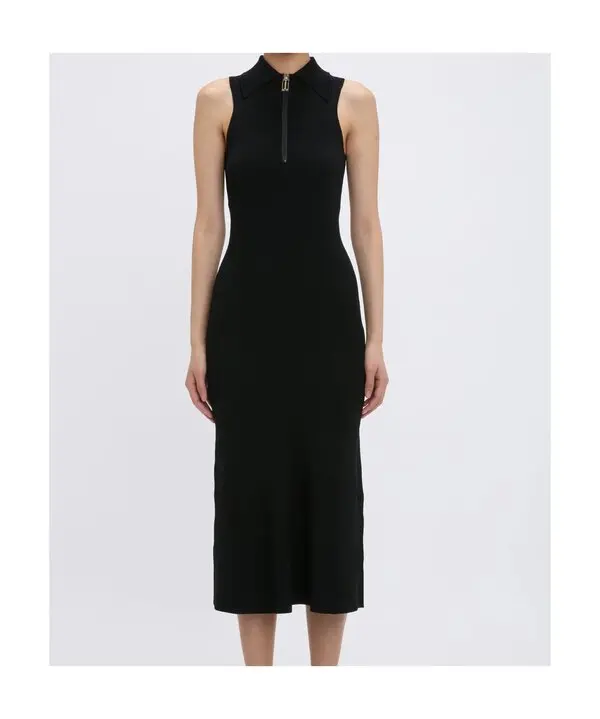 Victoria Beckham Sleeveless Ribbed Knit Collared Zipper Dress - Black