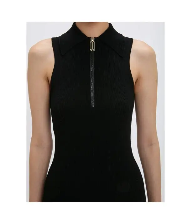 Victoria Beckham Sleeveless Ribbed Knit Collared Zipper Dress - Black