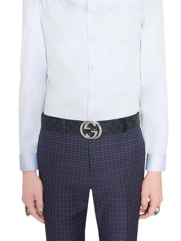 Gucci Gg Supreme Canvas Belt With Interlocking G Buckle - Black