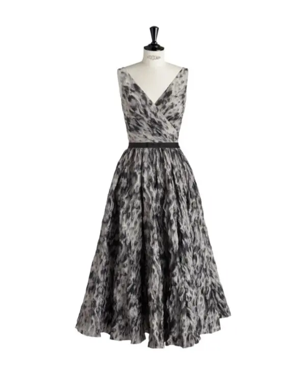 Dior Sleeveless V-neck Printed Pleated Midi Dress - Grey