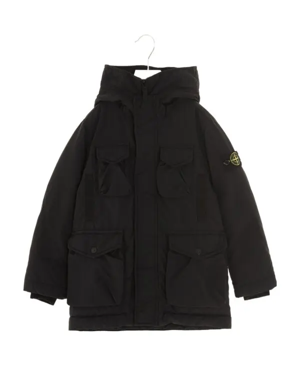 Stone Island Hooded Down Coat With Logo Patch