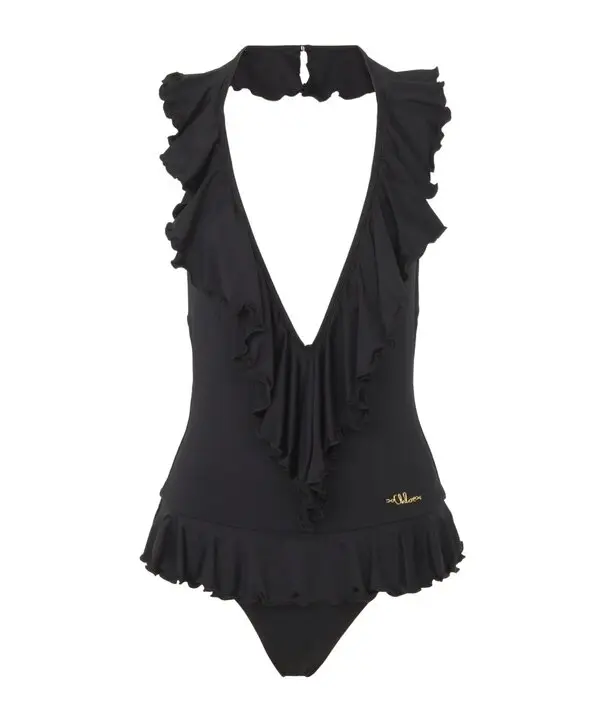 Chloé Ruffled Plunge V-neck One-piece Swimsuit - Black