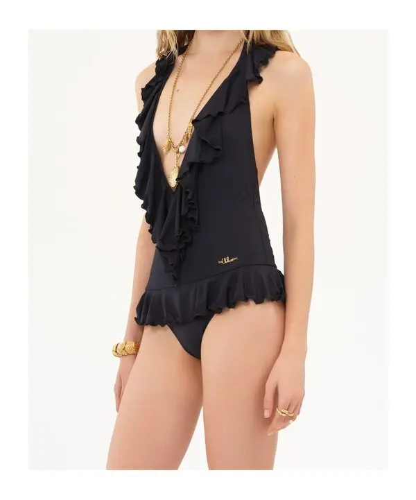 Chloé Ruffled Plunge V-neck One-piece Swimsuit - Black