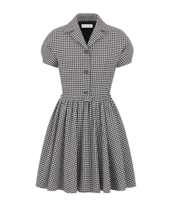 Dior Houndstooth Puff Sleeve Flared Dress - Black White