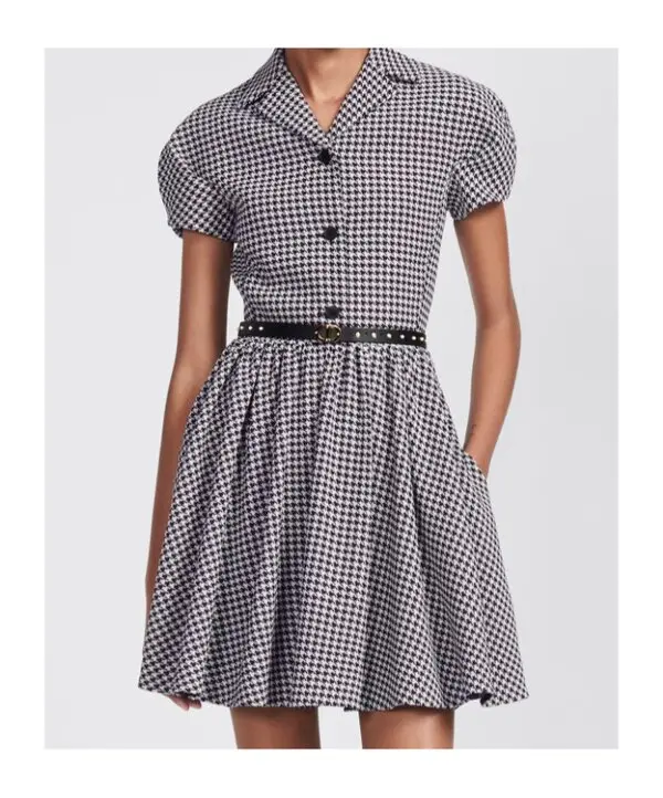 Dior Houndstooth Puff Sleeve Flared Dress