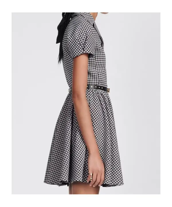 Dior Houndstooth Puff Sleeve Flared Dress