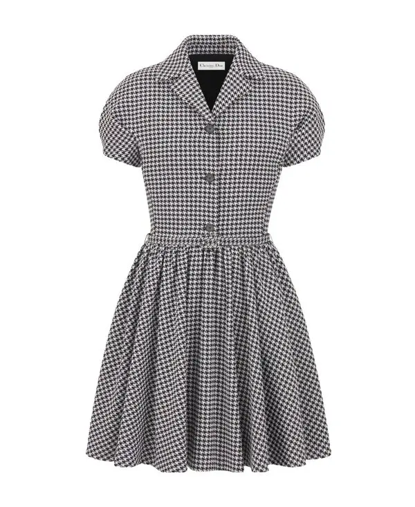 Dior Houndstooth Puff Sleeve Flared Dress