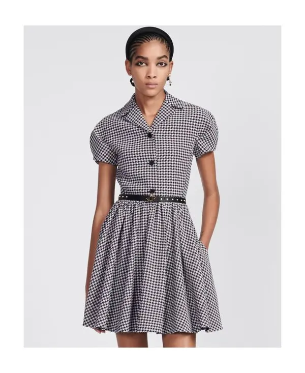Dior Houndstooth Puff Sleeve Flared Dress