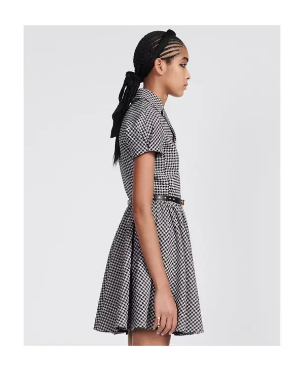 Dior Houndstooth Puff Sleeve Flared Dress
