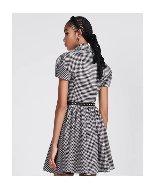 Dior Houndstooth Puff Sleeve Flared Dress