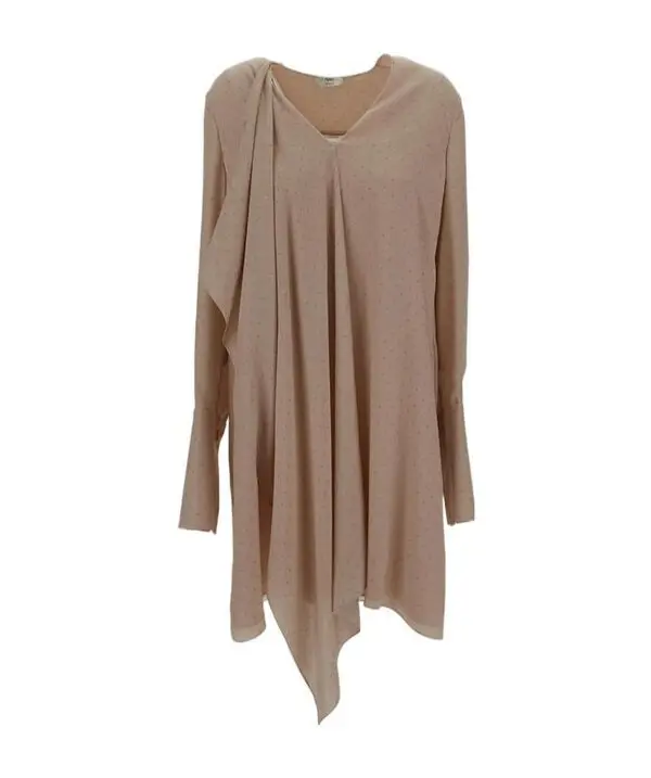 Fendi Long-sleeved Draped Asymmetric V-neck Dress - Brown