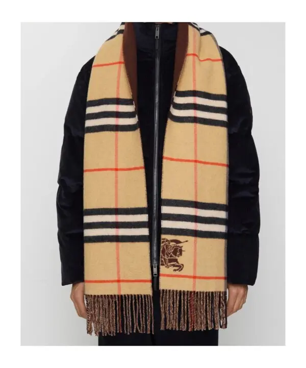 Burberry Wide Reversible Check Fringed Scarf - Sand