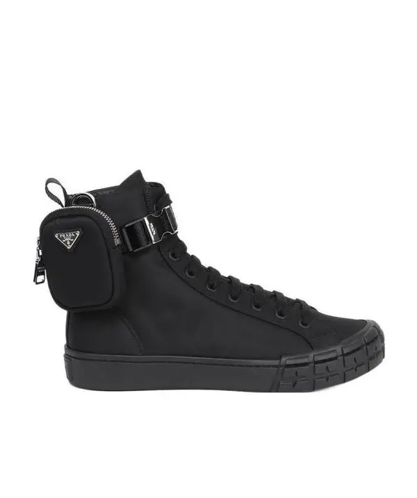 Prada Wheel Re-nylon High-top Sneakers With Detachable Pouch