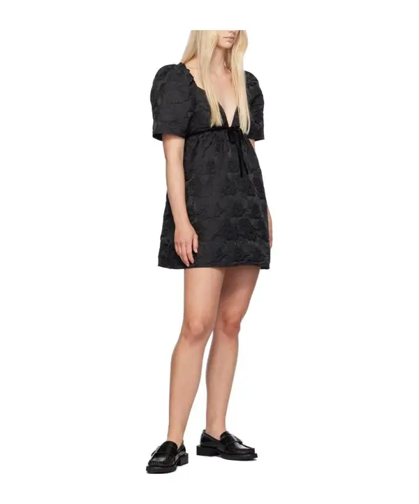 GANNI Floral Pattern Dress With Bubble Sleeves And Open Back