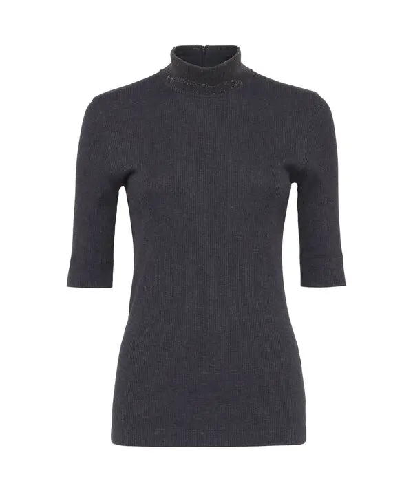 Brunello Cucinelli High-neck Half-sleeve Ribbed Jumper With Monili Chain Detail