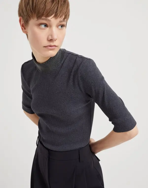 Brunello Cucinelli High-neck Half-sleeve Ribbed Jumper With Monili Chain Detail