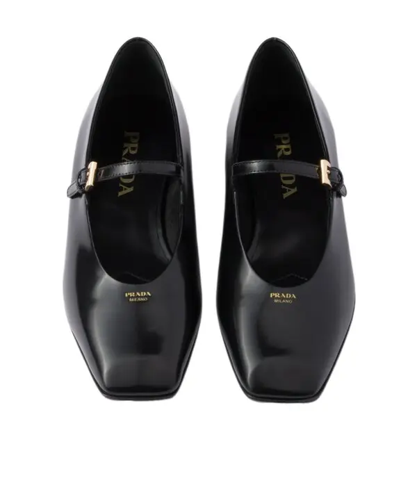 Prada Brushed Leather Mary Jane Ballerinas With Logo Engraved Buckles
